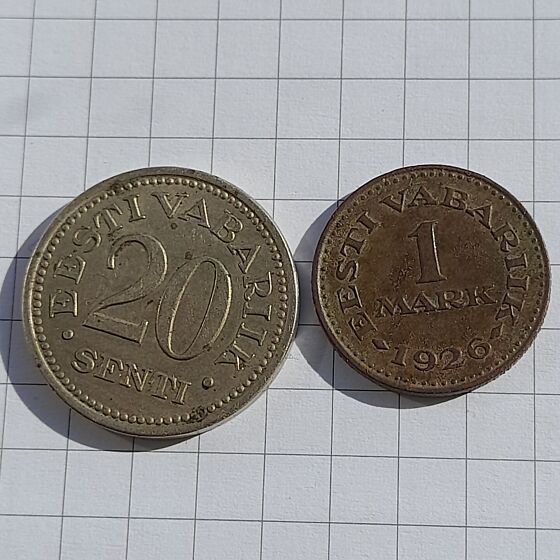 Eesti ( EW) mündid, 1 mark 1926 & 20 senti 1935 (210905576) - Osta.ee