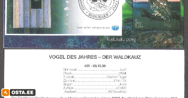 infokaart (saksa) 2009 Eesti margid Aasta Lind -Kodukakk (199943801 ...