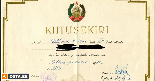 DOK_197_4 ENSV 1956 Haridusministeerium kiituskiri (195917593) - Osta.ee