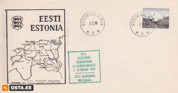 VÄLIS-EESTI 1970 ROOTSI EESTI KAART TARTU RAHU (231292314) - Osta.ee