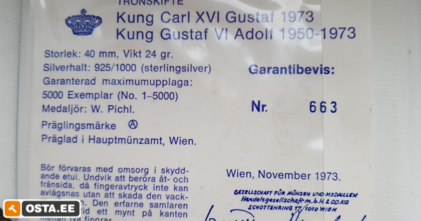 hõbe mälestusmedal Rootsi kuningas Carl XVI / Gustaf VI 1973 (203606641 ...